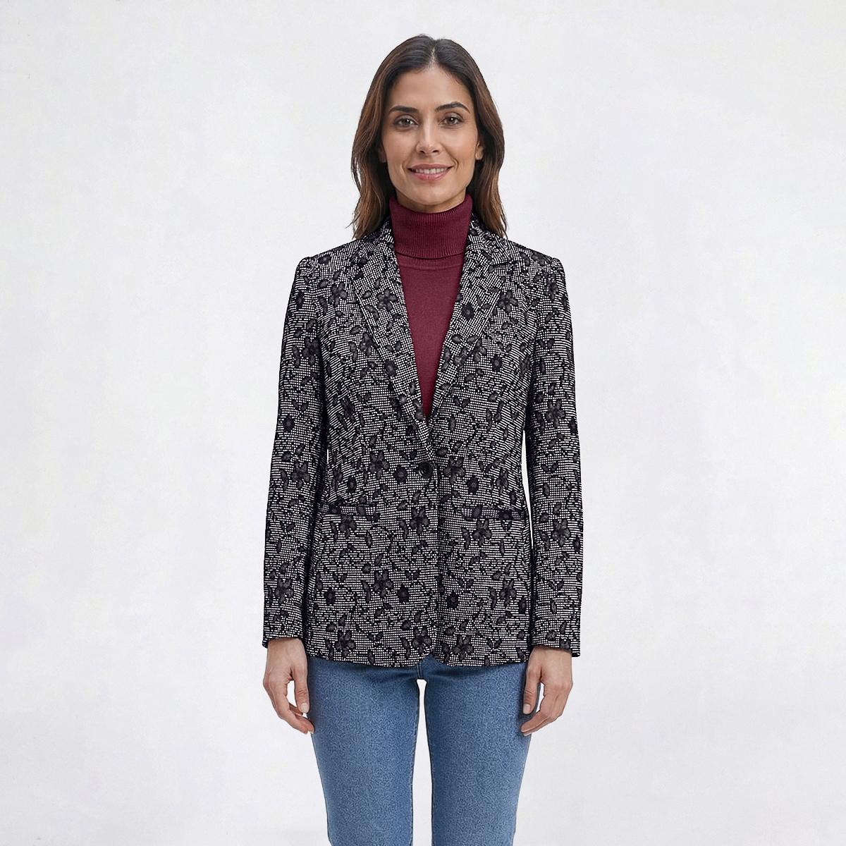 Kasper Plus Size Floral Print One-Button Blazer - Black/Vanilla Ice
